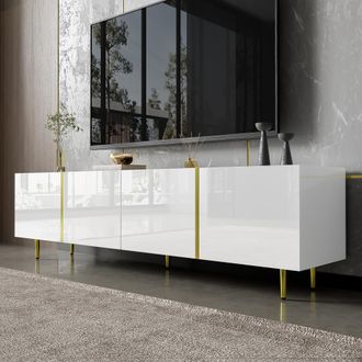 Generic TV Schrank Hochglanz Mit Vier T&uuml;ren Soft Close System Lowboard Stehend Mit Stauraum F&uuml;r Multimedia Ger&auml;te Und Zubeh&ouml;r Moderner Fernsehtisch F&uuml;r Wohnzi