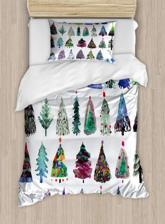Abakuhaus Weihnachten Bettbezugs Set f&uuml;r Einzelbetten, Aquarell Tannenbaum, Milbensicher Allergiker geeignet mit Kissenbezug, 130 x 200 cm,Gr&uuml;n Mehrfarbig