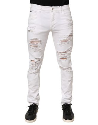 Dolce & Gabbana Mens Distressed Ripped Denim Jeans White Cotton Elastane