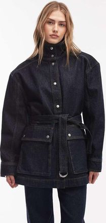 & Other Stories Veste courte en denim de coton avec col chemin&eacute;e et ceinture - Bleu fonc&eacute;