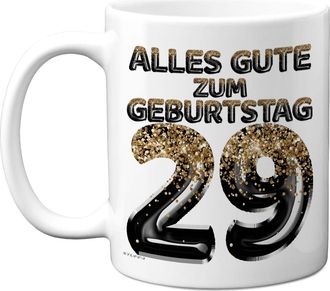 Stuff4 29. Geburtstagsgeschenke - Schwarz Gold Glitzerballons Tasse - Geburtstag Tasse für Männer und Frauen, 325 ml Premium-Keramiktasse, Spülmaschinenfest