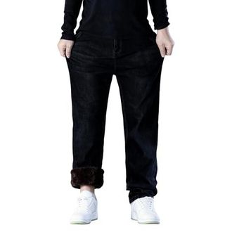Generic Jean pour homme, coupe droite, doublure en polaire, pantalon en denim extensible, pantalon baggy vintage uni avec poches, jambe large, coupe ample, pa