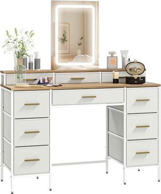 HOMCOM Coiffeuse avec Miroir et lumi&egrave;res LED 3 Couleurs, Table de Maquillage avec 10 tiroirs en Tissu, Pieds en Acier, Style Moderne, 118,5 x 39,5 x 140 cm, 