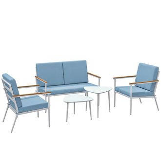 OUTSUNNY Salon de jardin 4 personnes 5 pi&egrave;ces 2 tables basses gigognes acier blanc accoudoirs effet bois coussins bleu