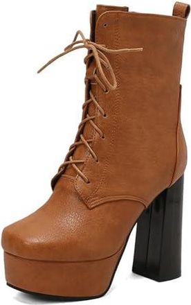 Generic Bottines dhiver doubl&eacute;es de fausse fourrure pour femme - Lacets et fermeture &eacute;clair lat&eacute;rale - Plateforme - Bout carr&eacute; - Talon bloc - Chaussures d&eacute;con