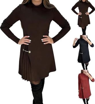 Generic Mini robe pliss&eacute;e &eacute;l&eacute;gante &agrave; manches longues et col rond et manches longues pour affaires d&eacute;contract&eacute;es, marron, XXL