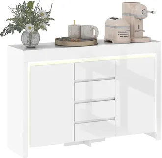 HOMCOM Buffet salon - HOMCOM - &eacute;clairage LED, 4 tiroirs, portes &agrave; fermeture douce et &eacute;tag&egrave;res r&eacute;glables - 120 x 34 x 80 cm - blanc brillant
