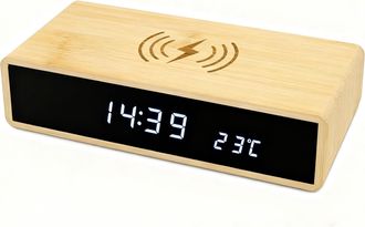 ZJchao Hölzerner Digitaler Wecker, Schnelle Kabellose Ladestation für Alle Arten von Smartphones, Multifunktionale, Modische, Exquisite Bambus-LED-Uhr mit 3 