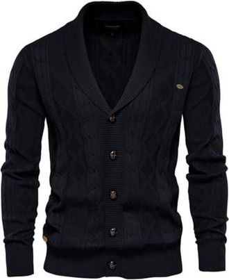 Generic Cardigan &agrave; col ch&acirc;le pour homme, col en V, d&eacute;contract&eacute;, boutonn&eacute;, c&ocirc;tel&eacute;, cardigan Henley en tricot torsad&eacute; pour lautomne et lhiver, Noir, 3XL