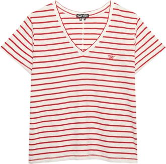 Superdry Damen Strukturiertes T-Shirt mit V-Ausschnitt und Stickerei College-Rot/Wei&szlig; Gestreift 38