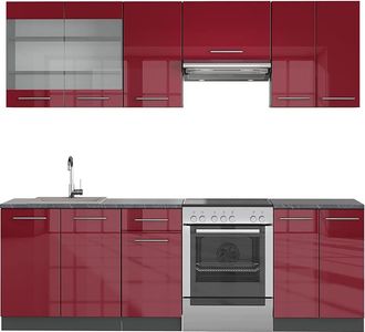 Vicco Küchenzeile Fame-Line, Bordeaux Hochglanz/Anthrazit, 240 cm ohne Arbeitsplatte