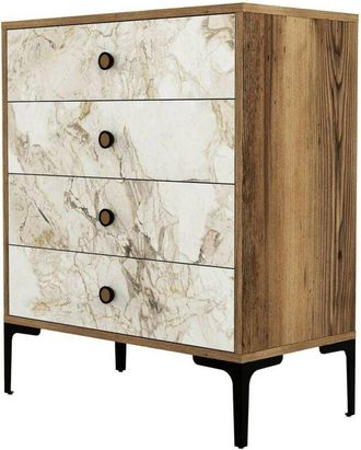 Dmora Kommode Aether, Mehrzweckkommode, Schlafzimmerkommode, Schrank mit Schubladen, 76x40h91 cm, Nussbaum und Wei&szlig;er Marmor, mit verst&auml;rkter Verpackung