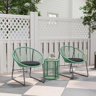 STILVORA Salon de Jardin avec 2 Fauteuils et 1 Table Basse, Style Acapulco pour 2 personnes, Coussins, Rotin et Acier, Vert