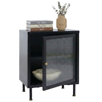 Mendler Nachttisch HWC-O87, Beistelltisch Nachtschrank Schrank, Industrial Stauf&auml;cher Metall Schilfglas 55x41x41cm - schwarz