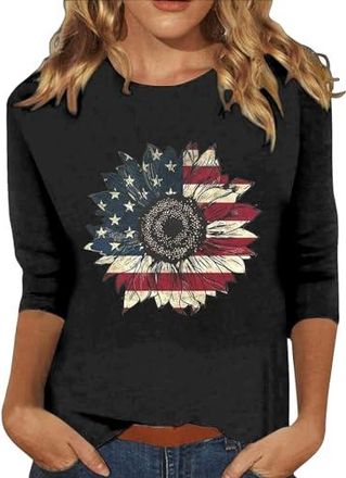 Generic Chemise dété à manches 3/4 pour femme avec motif drapeau américain rétro et col rond, noir, Taille M