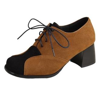 SJJH Chaussures Oxford pour femme Talon 5,5 cm | Velours synth&eacute;tique bicolore avec lacets | Casquette carr&eacute;e pour le bureau et les loisirs, marron, 41 EU