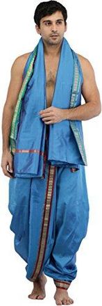 Exotic India Ensemble Dhoti et Angavastram avec bordure tiss&eacute;e dor&eacute;e - multicolore