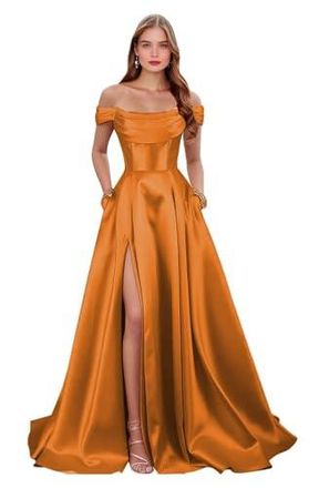 Generic Robes de bal en satin avec fente sans bretelles, corset trapèze, robes de bal à épaules dénudées, longues robes de soirée formelles avec poches, Orang