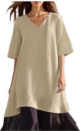 Generico Robes longues d&eacute;t&eacute; l&eacute;g&egrave;res et a&eacute;r&eacute;es avec col en V et manches 3/4 pour femme, beige, XX-Large