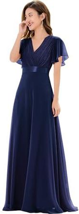 Ever-pretty Robe De Soir&eacute;e Style Long Manches Volant&eacute;es Col en V Jupe Trap&egrave;ze Robe Femme Chic Et Elegant Bleu Marine 38
