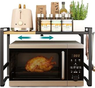 Songmics &Eacute;tag&egrave;re pour Micro-ondes, Extensible, Support pour Mini Four, Largeur R&eacute;glable de 41,5 &agrave; 64 cm, &Eacute;tag&egrave;re de Cuisine, Acier et Bambou, 4 Crochets, Noir 