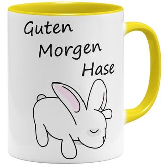 OM3 Guten Morgen Hase Kaffee-Tasse mit Spruch - Statement Tiermotiv s&uuml;&szlig;es Motiv - Keramik Becher - 325ml - Beidseitig Bedruckt - Gelb