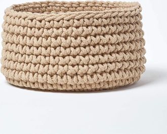 Homescapes gestrickter Aufbewahrungskorb in beige, runder Strickkorb/Stoffkorb 37 x 21 cm aus 100% Baumwolle mit Grobstick-Optik, cremeweiß