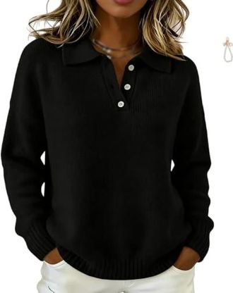 Generic Pull classique &agrave; col en V boutonn&eacute; pour femme - Couleur unie - Automne et hiver, Noir, 4XL