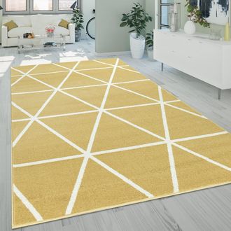 Paco Home Kurzflor Wohnzimmer Teppich Modern Geometrisches Design Rauten Muster In Gelb, Gr&ouml;sse:70x250 cm