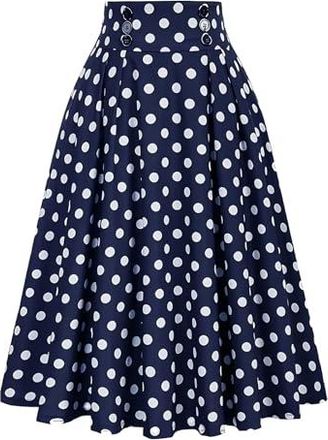 Generic Jupe Mi Longue Femme Vintage Plissée à Taille Haute Imprimé Pois A-Ligne Casual Tendance Basiques Rétro Midi Jupes pour Festival Costume Soiree Cockta
