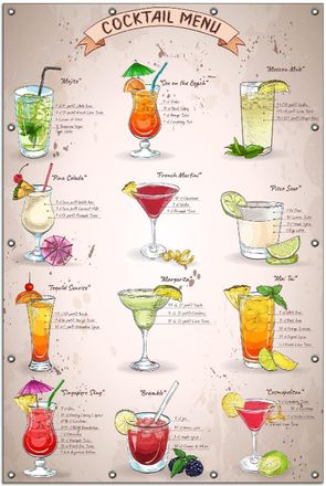 Wallario Outdoor-Poster f&uuml;r Garten oder Balkon Cocktail-Men&uuml; - English, Motivbanner Gr&ouml;&szlig;e: ca. 120 x 180 cm, Outdoor-Bild