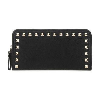 Valentino Garavani Femme, Accessoires, Noir, Taille: ONE Size Portefeuille zipp&eacute; Rockstud en cuir de veau grain&eacute;
