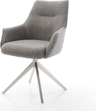 DELIFE Drehstuhl Alja-Flex mit Armlehnen Bouclé Silbergrau Kreuzgestell breit Edelstahl 360° drehbar Taschenfederkern, Esszimmerstühle