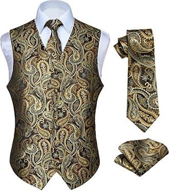 Hisdern Hisdern - Ensemble pour homme en tissu jacquard avec gilet à motif cachemire, cravate à motif et mouchoir de poche - Pour mariage et fête - XS-6XL, do
