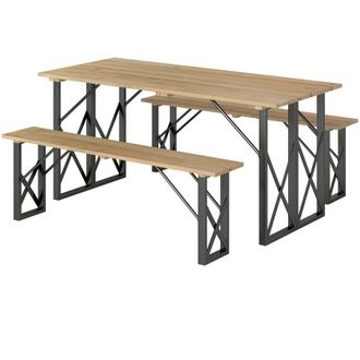 OUTSUNNY Ensemble table et 2 bancs en bois 6 personnes - table 160 cm avec espace parasol - acier &eacute;pic&eacute;a