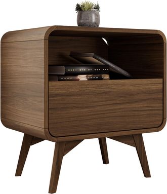 Mirjan24 Nachttisch Hikavo S55 mit Schublade und Ablage, Nachtschrank mit abgerundeten Kanten/Ecken, Nachtkommode, Beistelltisch, Nachtkonsole (Nuss Warmia)