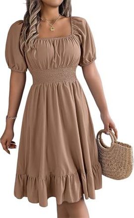 Generic Robe d&eacute;t&eacute; d&eacute;contract&eacute;e &agrave; manches bouffantes avec col carr&eacute;, manches courtes, taille ajust&eacute;e, ourlet &agrave; volants, robe d&eacute;t&eacute; midi trap&egrave;ze, kaki, XL