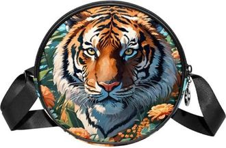 Generic Petit sac &agrave; bandouli&egrave;re rond pour femme, motif fleur de tigre, sac &agrave; dos avec fermeture &eacute;clair, bretelles r&eacute;glables, sac &agrave; main rond d&eacute;contract&eacute; pour 