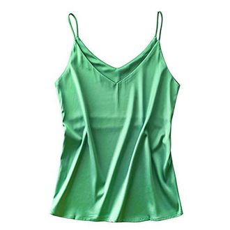 Generic Haut en satin &eacute;l&eacute;gant pour femme - Haut spaghetti avec col en V - Noir - Crop Tank - Sport - Haut d&eacute;t&eacute; sans manches - D&eacute;contract&eacute; - L&eacute;ger - Haut &agrave; bre