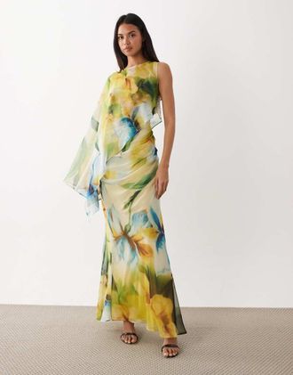 Asos Drapiertes, asymmetrisches Maxikleid mit blauem Blumenmuster, Fledermaus&auml;rmeln und One-Shoulder-Design-Bunt