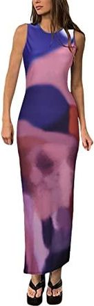 Generic 2026 Robes amincissantes pour femmes Tie Dyeing Mode Impression Sac &agrave; col rond Hip Slim Street Robe sans manches, violet, L