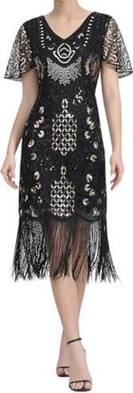 Generico Great Gatsby Ann&eacute;es 1920 Robe de soir&eacute;e vintage avec paillettes et franges pour femme Style r&eacute;tro ann&eacute;es 20, Rose - dor&eacute;, XX-Large