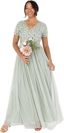 Maya Womens Ladies Maxi Dress Sequin Embellished Floral V-Neck Short Sleeve Tulle Skirt A-Line for Wedding Guest Ball Gown, Robe Femme, Green Lily