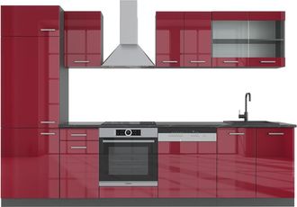 Vicco Küchenzeile R-Line, Rot Hochglanz/Anthrazit, 300 cm ohne Arbeitsplatte