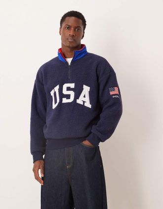 Polo Ralph Lauren Team USA - Unisex-Pullover aus Polarfleece in Marineblau mit kurzem Rei&szlig;verschluss und Logo auf der Brust