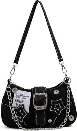 Generic Sac &agrave; bandouli&egrave;re en denim brod&eacute; avec cha&icirc;ne, sac en jean cool, grande capacit&eacute;, sac &agrave; main de cowboy, sac &agrave; main de voyage, rendez-vous, travail, Noi