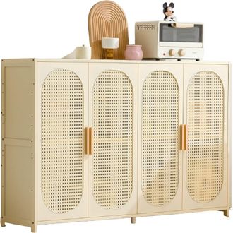 Generic Gro&szlig;z&uuml;giger Aufbewahrungsschrank, Doppelt&uuml;ren in Rattanoptik mit offenen Regalb&ouml;den, Flurschrank aus Holz, geeignet for Wohn- und Esszimmer(Color1,126