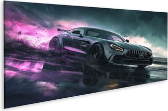 Islandburner Bild auf Leinwand Neonregen Mercedes AMG im Sturm für Wohnzimmer Autoliebhaber Autohaus Bilder Wandbilder Poster