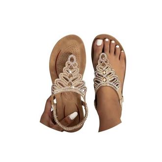 Generic Sandales plates d&eacute;t&eacute; d&eacute;contract&eacute;es et l&eacute;g&egrave;res &agrave; enfiler en similicuir avec barre en T et strass pour femme, F Or rose, 35.5 EU