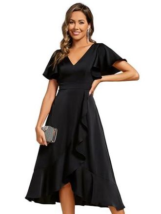 Ever-pretty Robe Invit&eacute;e de Mariage Femme Satin Midi High Low Noir 38